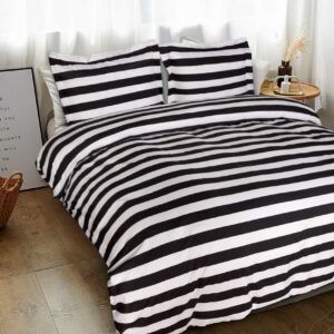 FLXXIE 3 Pieces Microfiber King Duvet Cover Set, Black and White Striped Printed Comforter Cover with Zipper Closure and Corner Ties, 1 Duvet Cover (104x90 Inches) and 2 Pillow Shams