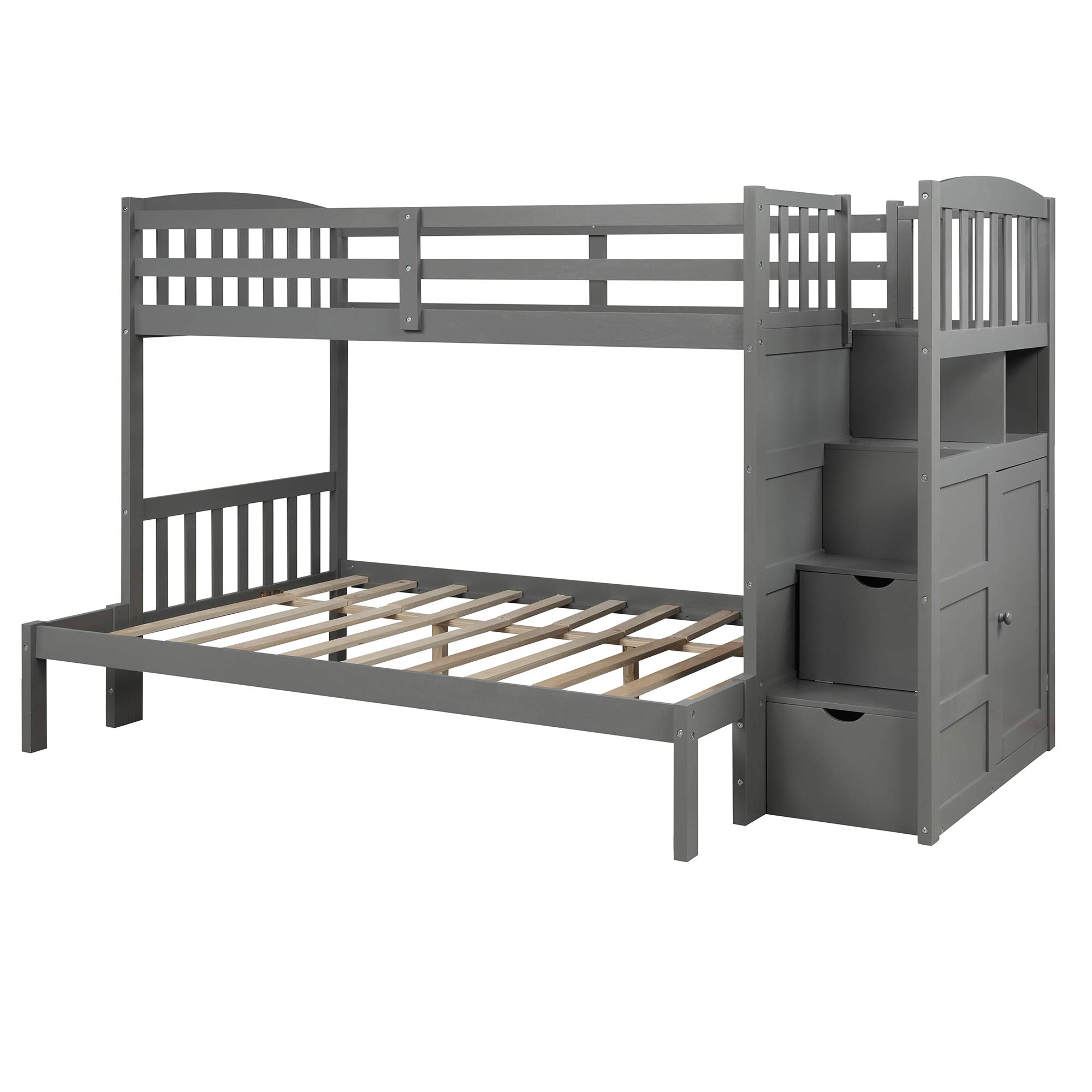 SOFTSEA Twin Over Twin/Full Bunk Bed with Staircase and Cabinet Wooden Bunk Bed Convertible into 2 Beds with Drawers for Kids