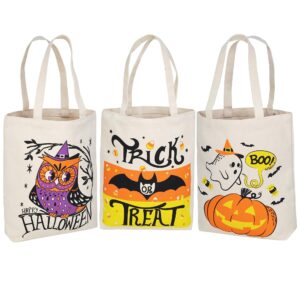 joyin 3pcs 13.75” large halloween tote treat bags for trick or treating, halloween goodie candy bags, reusable canvas gift bags for kids party favor supplies, snack grocery bags with handles