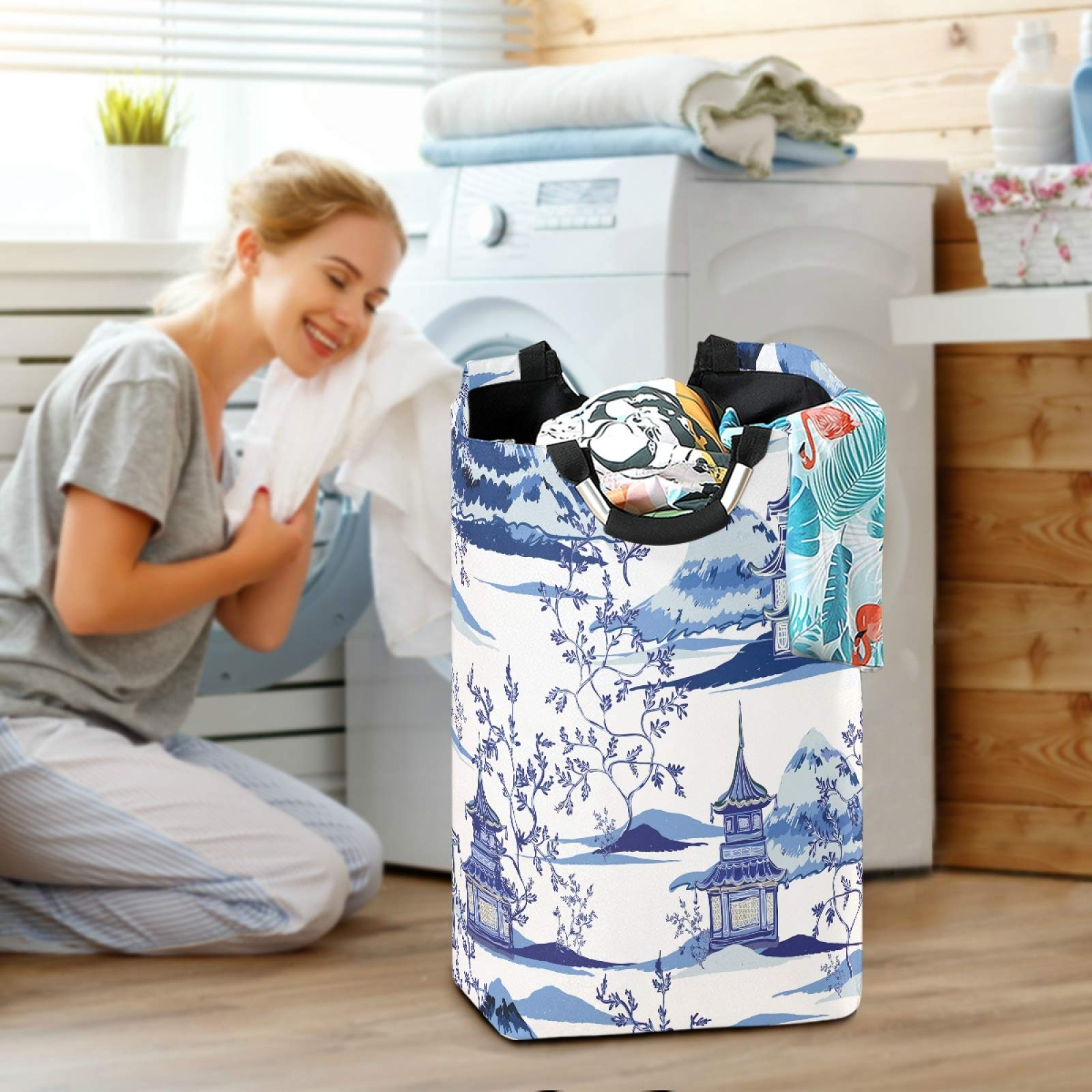 susiyo Beautiful Pagodas Mountains Chinoiserie Laundry Basket Collapsible Laundry Hamper Foldable Dirty Clothes Bag Large Storage Basket with Handles for Kid Room Toy Bin Bathroom Clothing Organizer