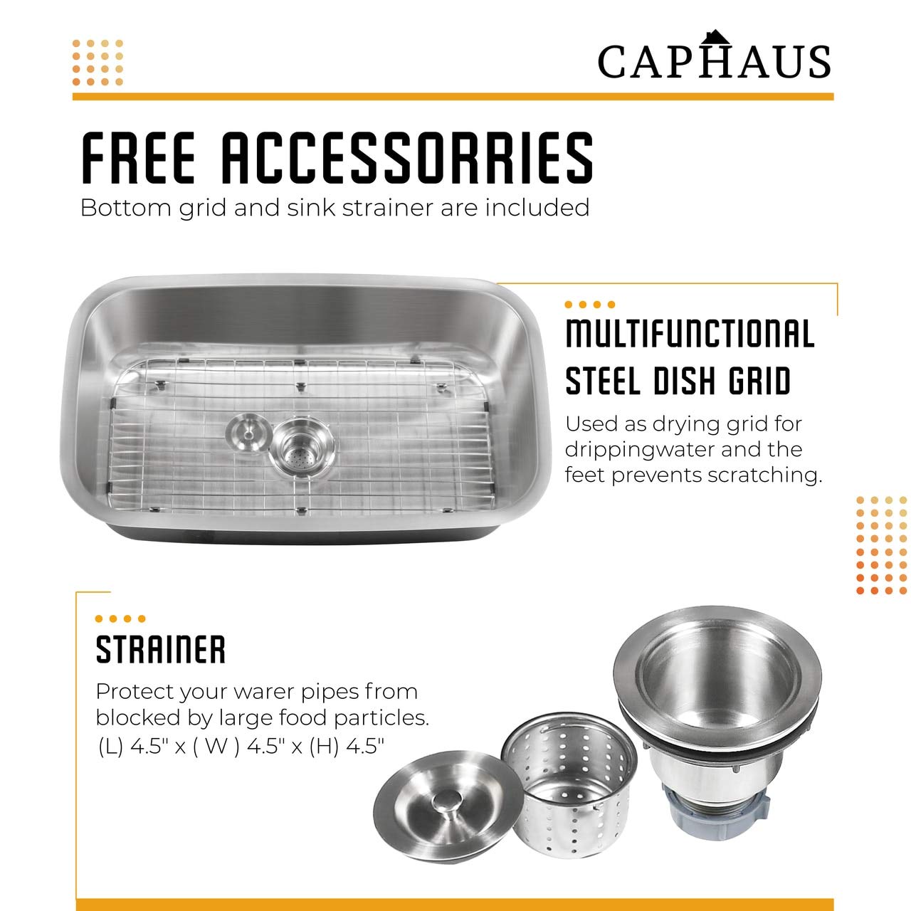 CAPHAUS Undermount Single or Double Bowl 16 Gauge Stainless Steel Kitchen Sink, Mutiple Choices for 30-inch, 31-inch, 32-inch, w/Drain Strainer and Bottom Grid