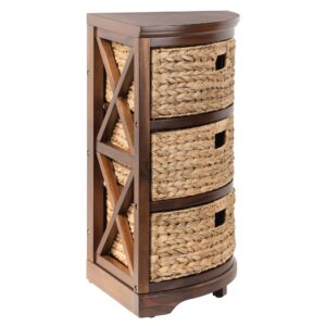 Hampton Meadows 3 Tier X-Side Corner Table Storage Cabinet with 3 Wicker Baskets, Walnut