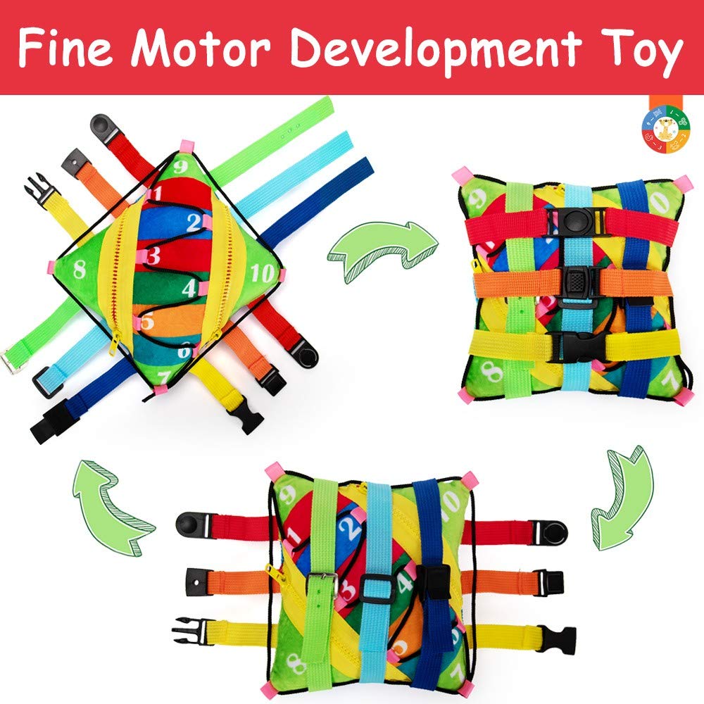 teytoy Sensory Buckle Pillow Toys for Toddlers,Travel Toys for Toddlers 1-3 Learning Fine Motor Skill & Problem Solving,Montessori Sensory Fidgets for Kids Threading Counting Zipper-12 Basic Skill