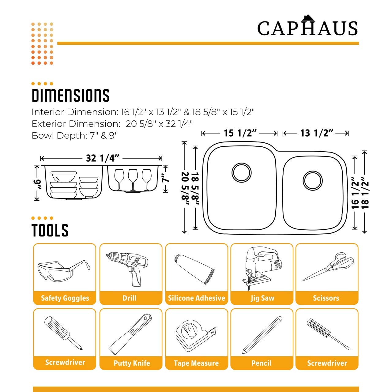 CAPHAUS Undermount Single or Double Bowl 16 Gauge Stainless Steel Kitchen Sink, Mutiple Choices for 30-inch, 31-inch, 32-inch, w/Drain Strainer and Bottom Grid