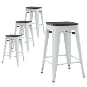 belleze 24 inch modern stackable metal bar stools with wood seat, indoor outdoor restaurant patio kitchen dining, antique farmhouse vintage industrial steel metal [set of 4] - wyatt (white)