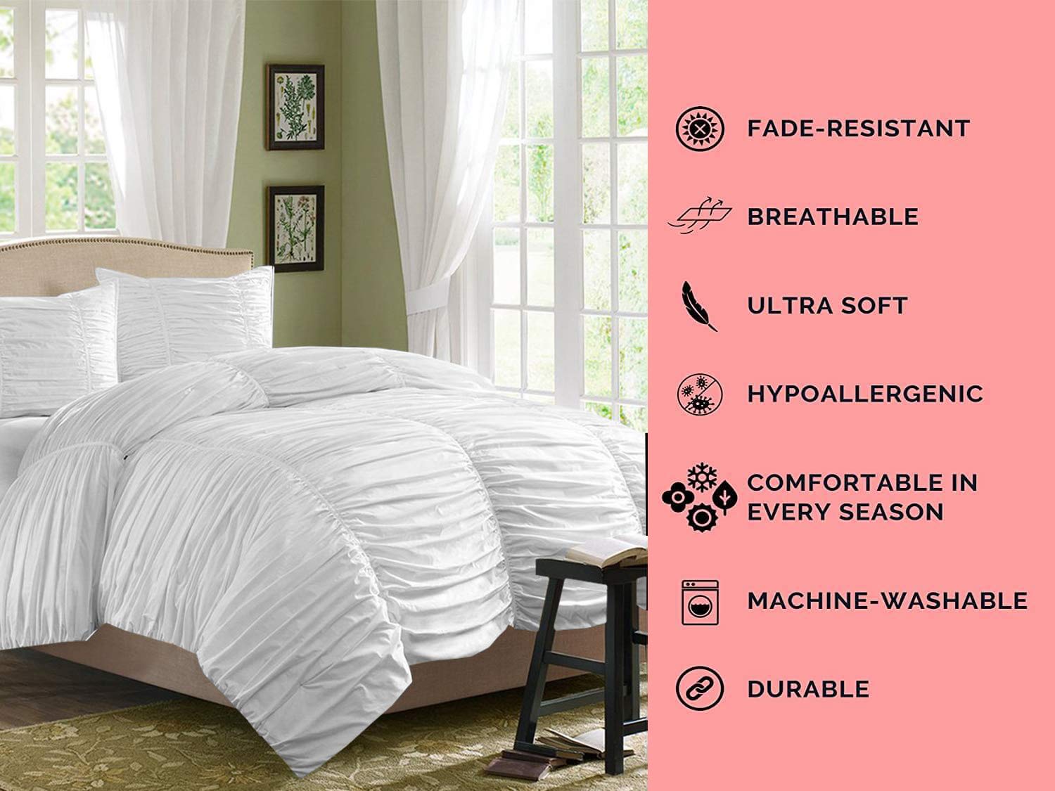 BedDecor 3 Piece Ruched Pattern Duvet Set with Zipper & Corner Ties 100% Egyptian Cotton 500 Thread Count Premium Hotel Quality Decorative Bedding (Ivory,Full/Queen)