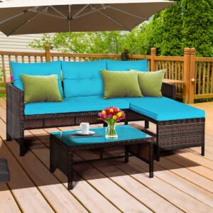 Tangkula Patio Corner Sofa Set 3 Piece, Outdoor Rattan Sofa Set, Includes Lounge Chaise, Loveseat & Coffee Table, Patio Garden Poolside Lawn Backyard Furniture