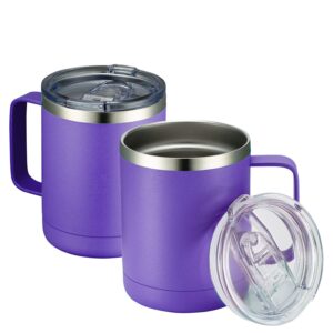 meway 12oz coffee mug with handle and sliding lid,stainless steel travel tumbler cup with handle,double wall vacuum insulated camping cup for hot & cold drinks tea (purple,set of 1)