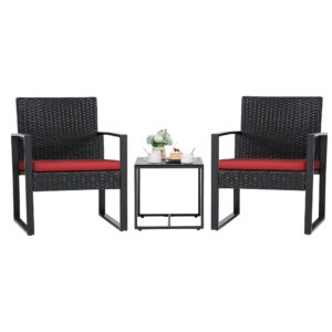 flamaker 3 pieces wicker patio furniture outdoor modern rattan chair conversation sets with coffee table for yard and bistro (red)