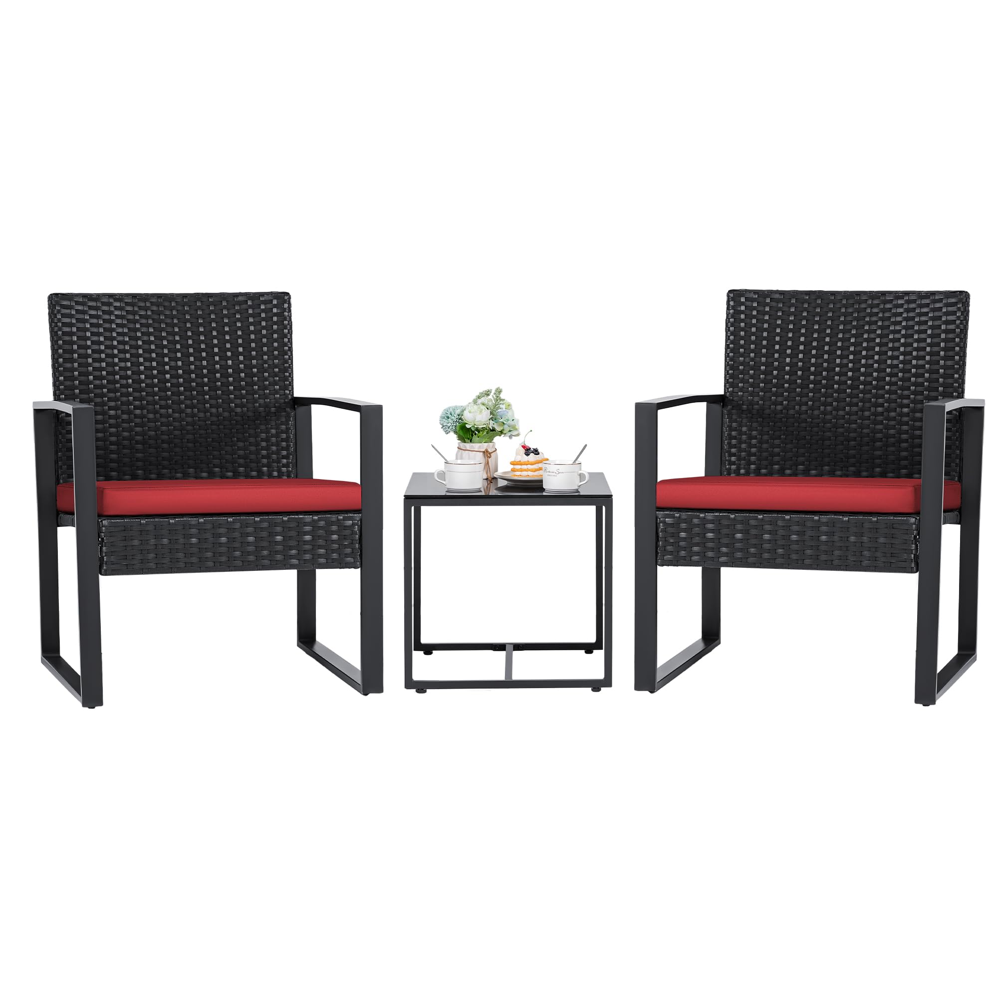 Flamaker 3 Pieces Wicker Patio Furniture Outdoor Modern Rattan Chair Conversation Sets with Coffee Table for Yard and Bistro (Red)