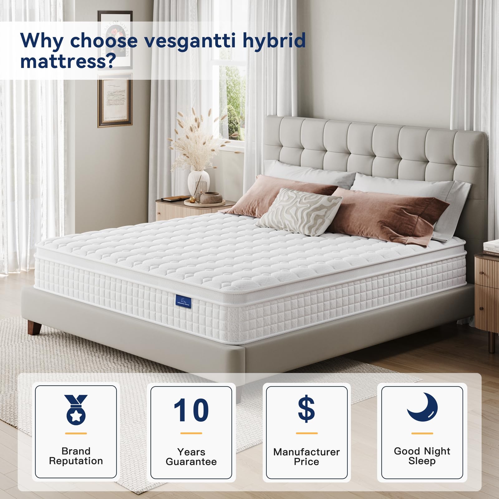 Vesgantti 10 Inch Multilayer Hybrid California King Mattress - Multiple Sizes & Styles Available, Ergonomic Design with Memory Foam and Pocket Spring, Medium Firm Feel, White