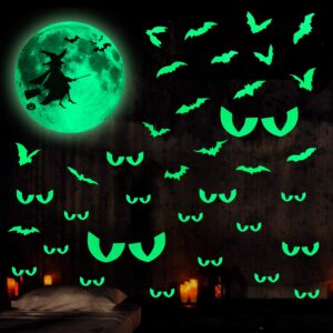 konsait 54pcs halloween glow in the dark stickers luminous witch moon bats peeping eyes wall stickers window ceiling wall decals for nursery baby kids bedroom halloween bedroom party gift