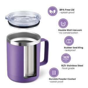 MEWAY 12oz Coffee Mug With Handle and Sliding Lid,Stainless Steel Travel Tumbler Cup with Handle,Double Wall Vacuum Insulated Camping Cup for Hot & Cold Drinks Tea (Purple,Set of 1)