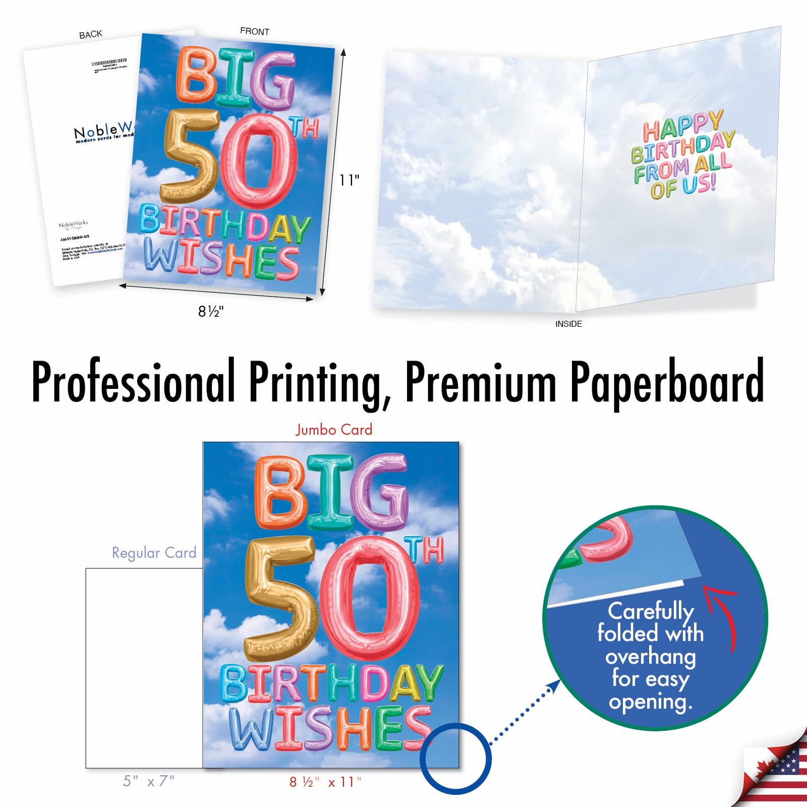 The Best Card Company - 50th Jumbo Birthday Greeting Card (8.5 x 11 Inch) - 50 Years Old Celebration (Not 3D or Layered) - Inflated Messages Milestones 50 (Not Actual Balloons) J5651CMBG-US