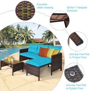 Tangkula Patio Corner Sofa Set 3 Piece, Outdoor Rattan Sofa Set, Includes Lounge Chaise, Loveseat & Coffee Table, Patio Garden Poolside Lawn Backyard Furniture