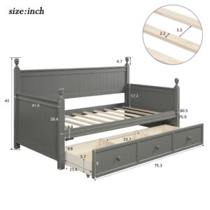 Wood Daybed with 3 Drawers, Solid Wood Daybed Twin Size Bed Frame for Kids/Adults, No Box Spring Needed, Gray