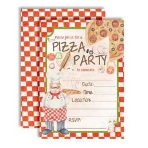 watercolor chef pizza party themed birthday party invitations for kids, 20 5x7 fill in cards with twenty white envelopes by amandacreation