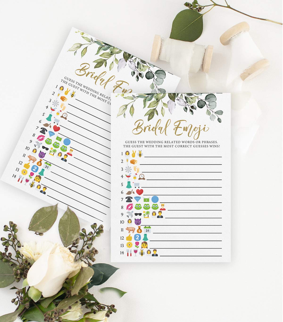 Printed Party Bridal Shower Game Set – 5 Fun Games and Activities for 50 Guests, Includes Bingo, Trivia, and Advice Cards, Botanical Eucalyptus Wedding Shower Games