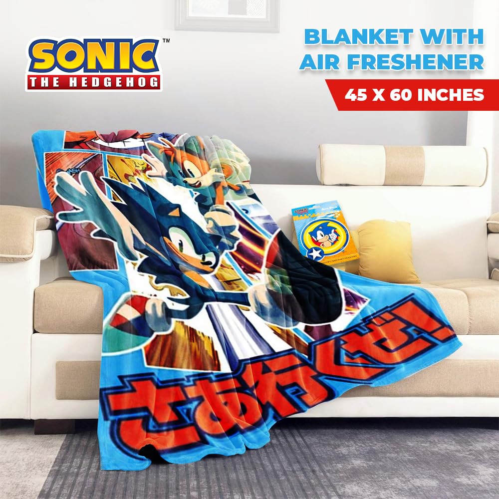 JUST FUNKY Sonic The Hedgehog Merch | Sonic The Hedgehog Fleece Throw Blanket & Vanilla Air Freshener Gift Set | Sonic and Tails Throw Blanket | 45 x 60 Inches | Officially Licensed Product