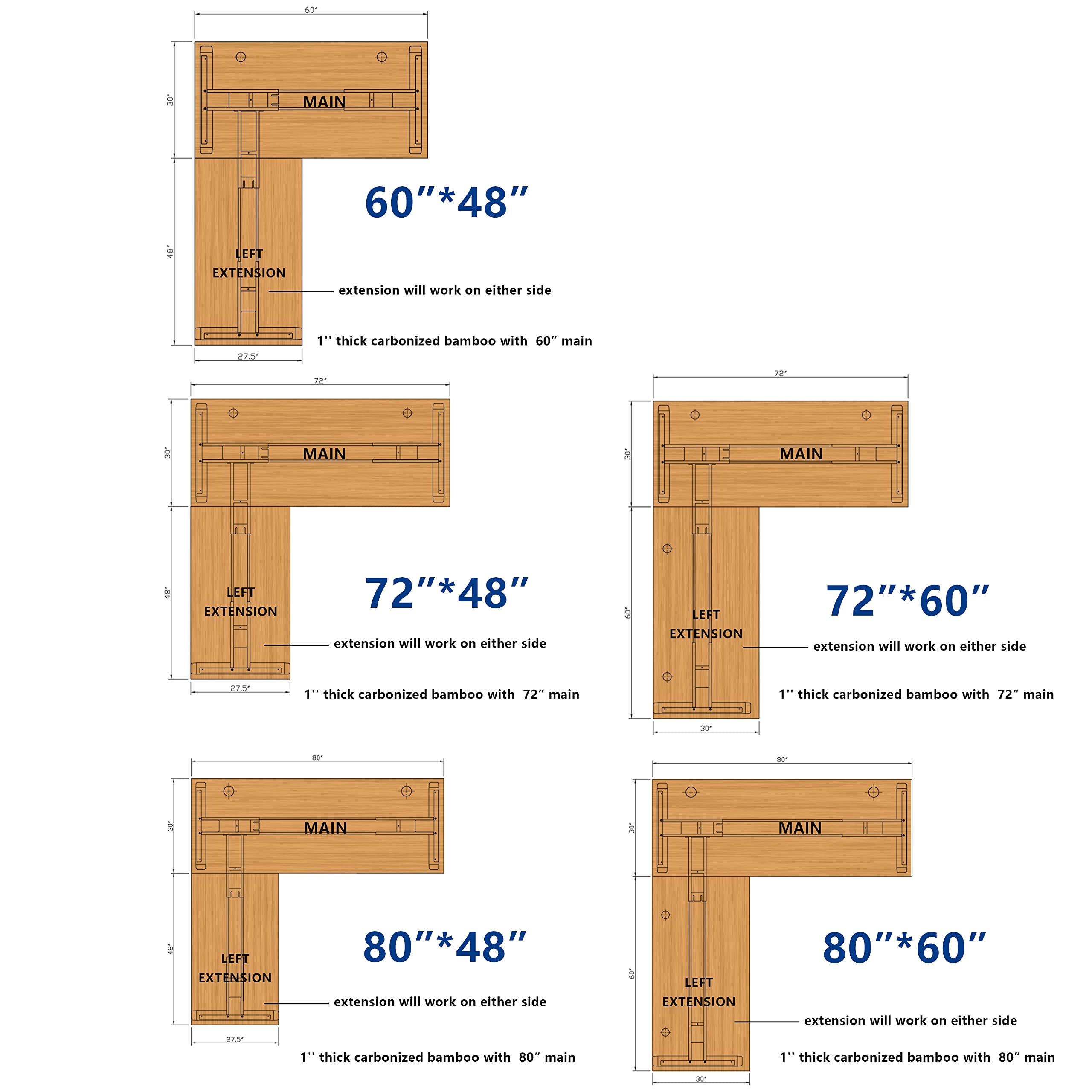 VWINDESK 80 x 30 x 1 Inch 100% Solid Bamboo Desk Table Top Only,for Standing Desk Home Office Desk with 80mm Grommets(Right Angle)