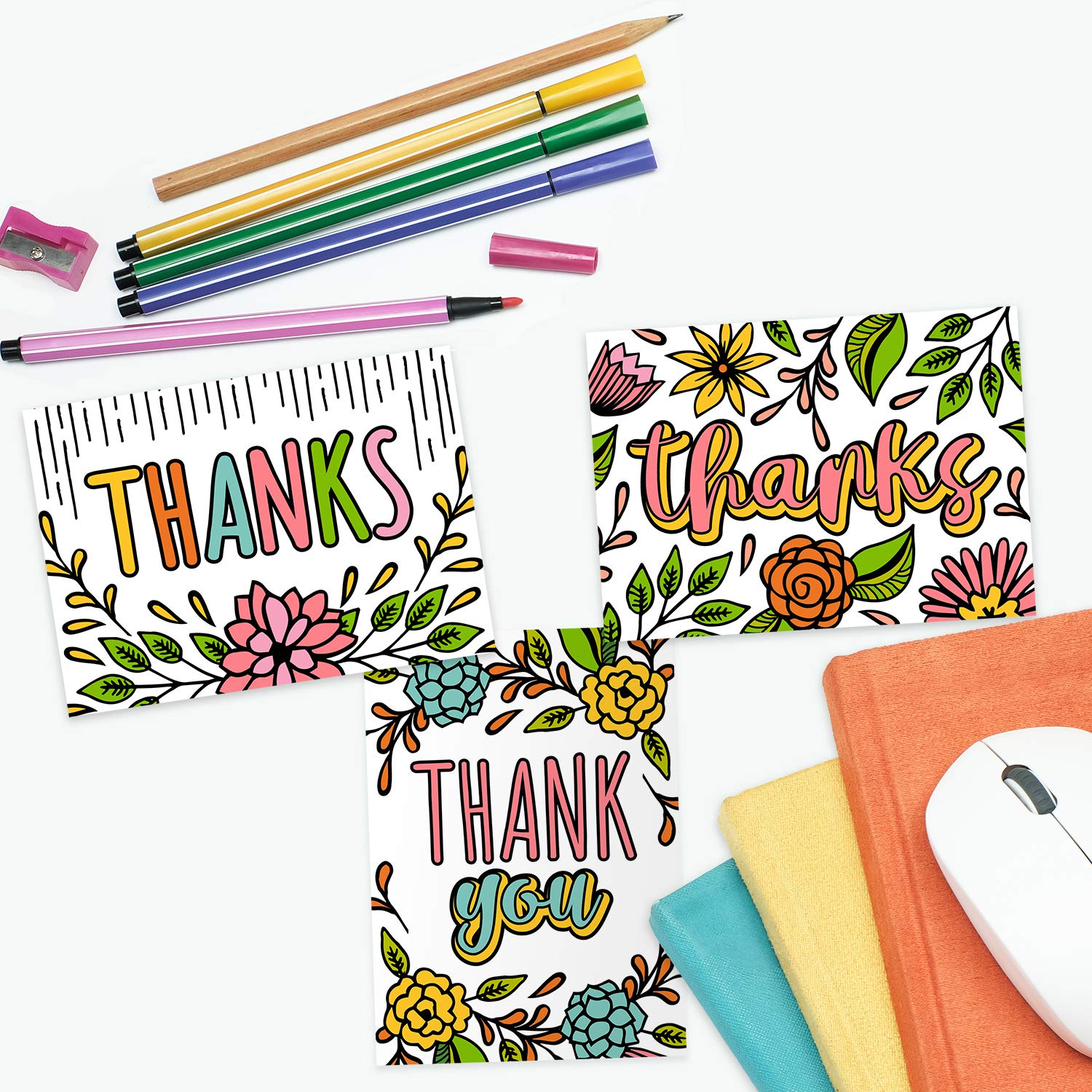 Thank You Coloring Note Cards / 24 Color Yourself Grateful Cards With Envelopes / 6 Floral Appreciation Designs / 3 1/2" x 4 7/8" Black White Coloring Gratitude Notes