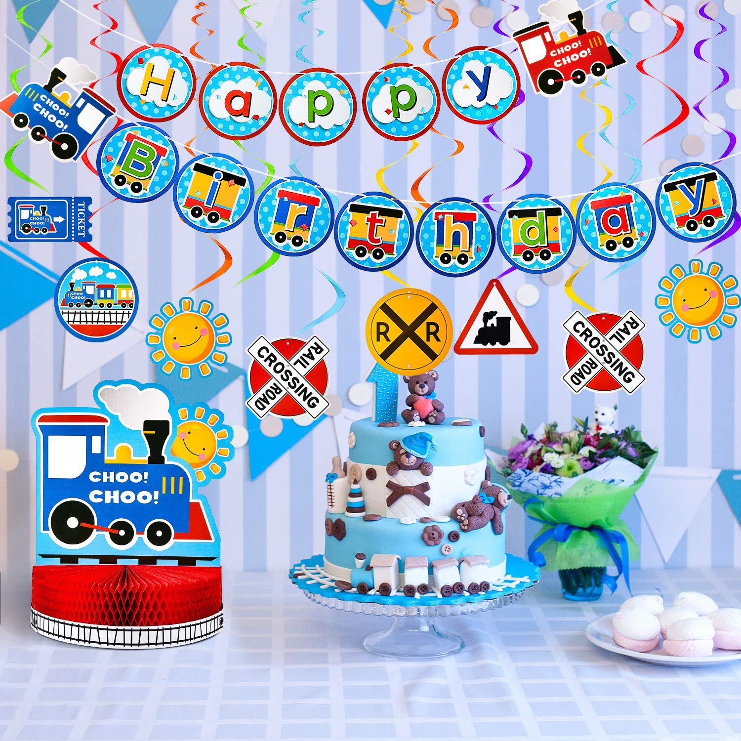 Train Birthday Themed Party Decorations Set, Happy Banner Train, Train Centerpiece, with 6 Pieces Train Hanging Swirl Decoration for Train Honeycomb Birthday Baby Shower Party Supplies