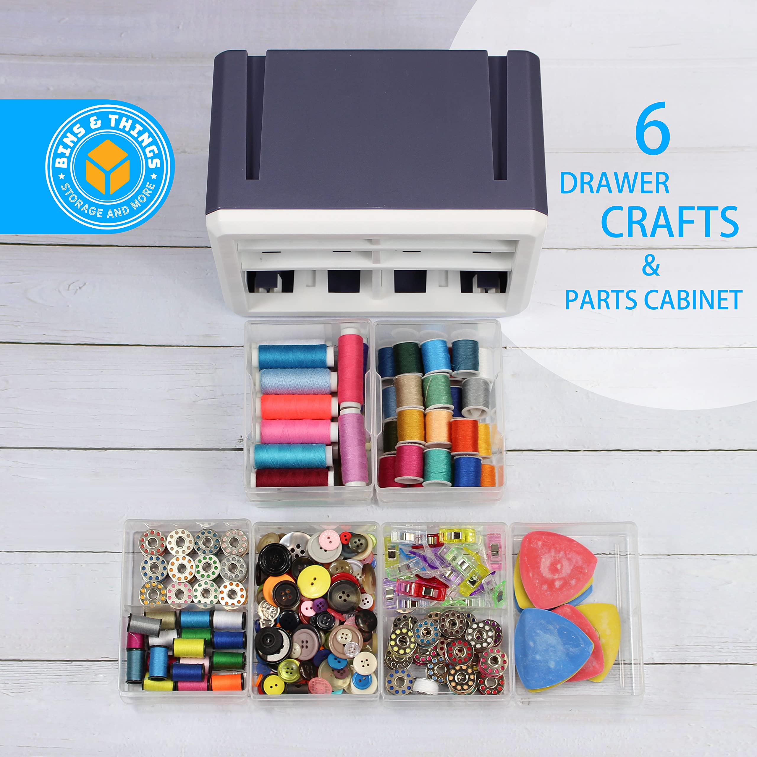 Bins & Things Mini Desk Craft Organizer 6 Small Drawers with Removable Dividers, Arts & Crafts Parts, Teacher Toolbox Organizer, Sewing Craft Cabinet, Hardware Organizers (9.25 x 5.5 x 7.75)