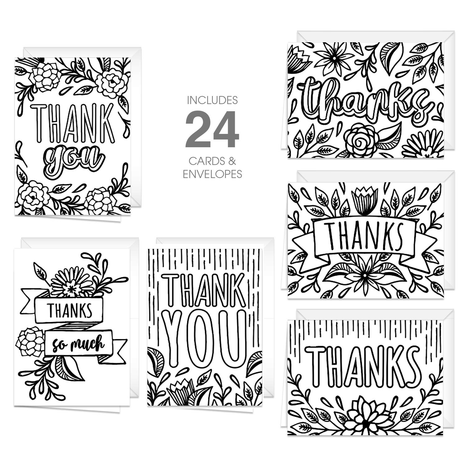 Thank You Coloring Note Cards / 24 Color Yourself Grateful Cards With Envelopes / 6 Floral Appreciation Designs / 3 1/2" x 4 7/8" Black White Coloring Gratitude Notes