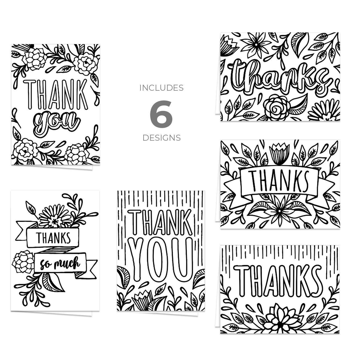 Thank You Coloring Note Cards / 24 Color Yourself Grateful Cards With Envelopes / 6 Floral Appreciation Designs / 3 1/2" x 4 7/8" Black White Coloring Gratitude Notes