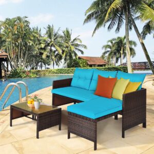 Tangkula Patio Corner Sofa Set 3 Piece, Outdoor Rattan Sofa Set, Includes Lounge Chaise, Loveseat & Coffee Table, Patio Garden Poolside Lawn Backyard Furniture