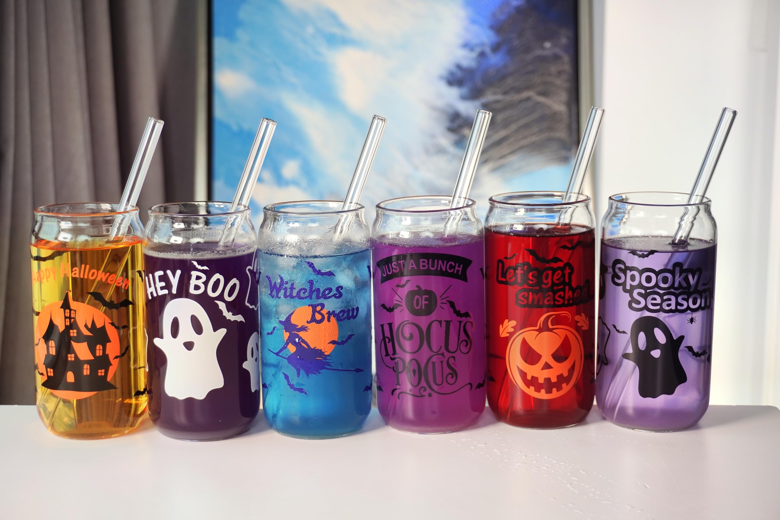 ANOITON Halloween Cups - Halloween Decorations Indoor Halloween Mug with Ghost Witch Decor Hocus Pocus Tumbler Halloween Party Supplies 18oz High Borosilicate Can Shaped Glass Cups Mug Tumbler