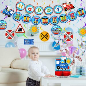 Train Birthday Themed Party Decorations Set, Happy Banner Train, Train Centerpiece, with 6 Pieces Train Hanging Swirl Decoration for Train Honeycomb Birthday Baby Shower Party Supplies