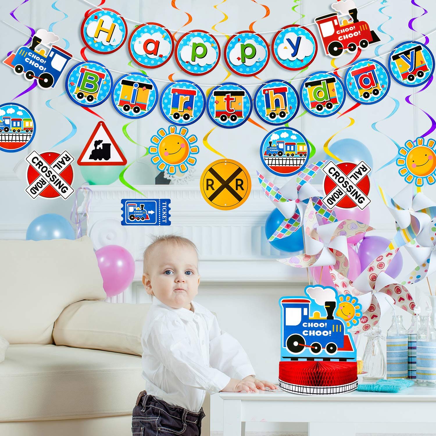 Train Birthday Themed Party Decorations Set, Happy Banner Train, Train Centerpiece, with 6 Pieces Train Hanging Swirl Decoration for Train Honeycomb Birthday Baby Shower Party Supplies