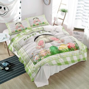 easter queen 3 pieces duvet cover set,bunny tail egg super soft breathable bedding sheet,flower green plaid white plank machine washable quilt covers and pillow cases bed sets for bedroom guest room