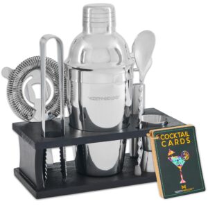 mixology bartender kit - 8-piece silver cocktail shaker set with black wood stand, recipe cards, and bar accessories ideas