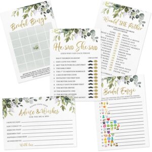 printed party bridal shower game set – 5 fun games and activities for 50 guests, includes bingo, trivia, and advice cards, botanical eucalyptus wedding shower games