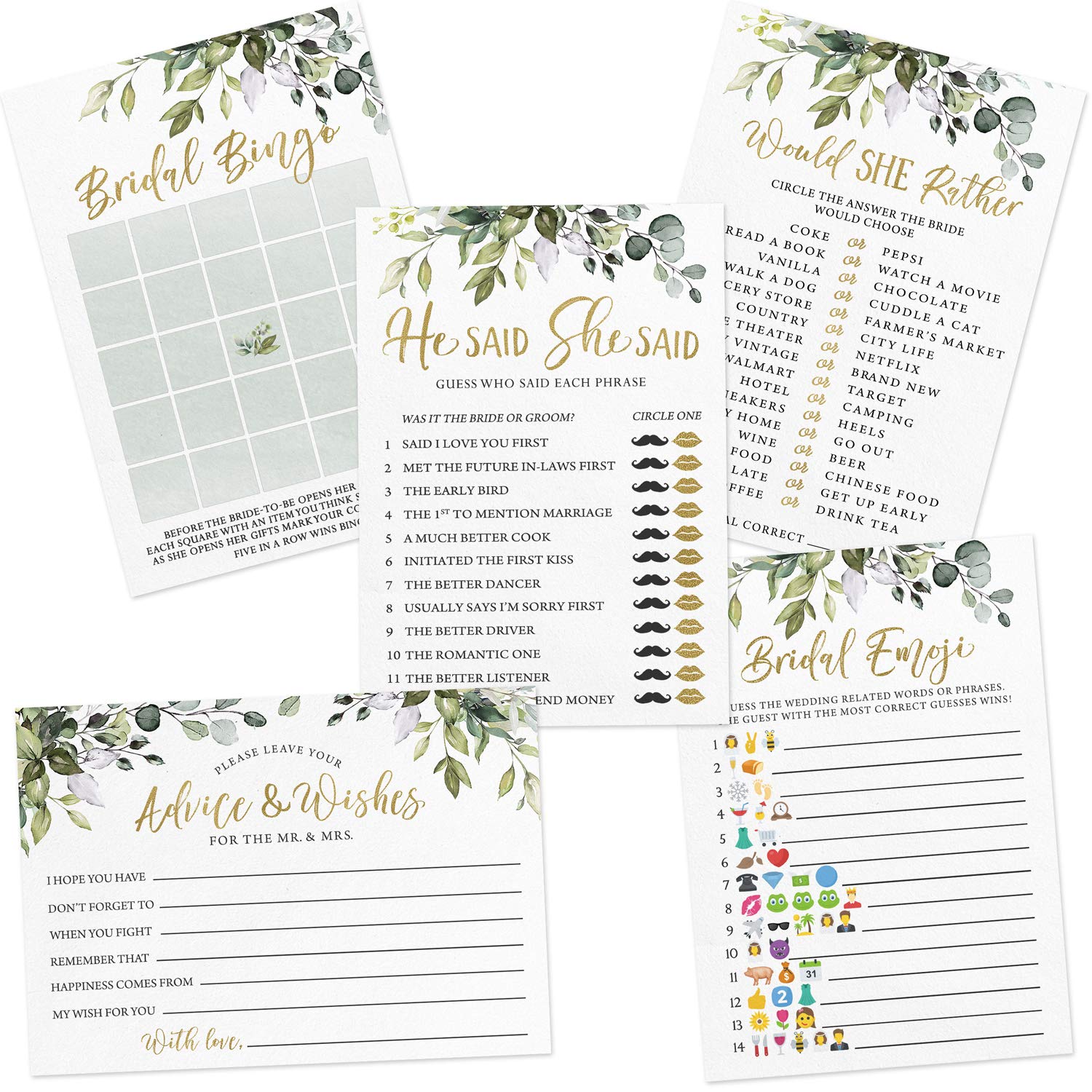 Printed Party Bridal Shower Game Set – 5 Fun Games and Activities for 50 Guests, Includes Bingo, Trivia, and Advice Cards, Botanical Eucalyptus Wedding Shower Games