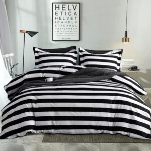 flxxie 3 pieces microfiber king duvet cover set, black and white striped printed comforter cover with zipper closure and corner ties, 1 duvet cover (104x90 inches) and 2 pillow shams