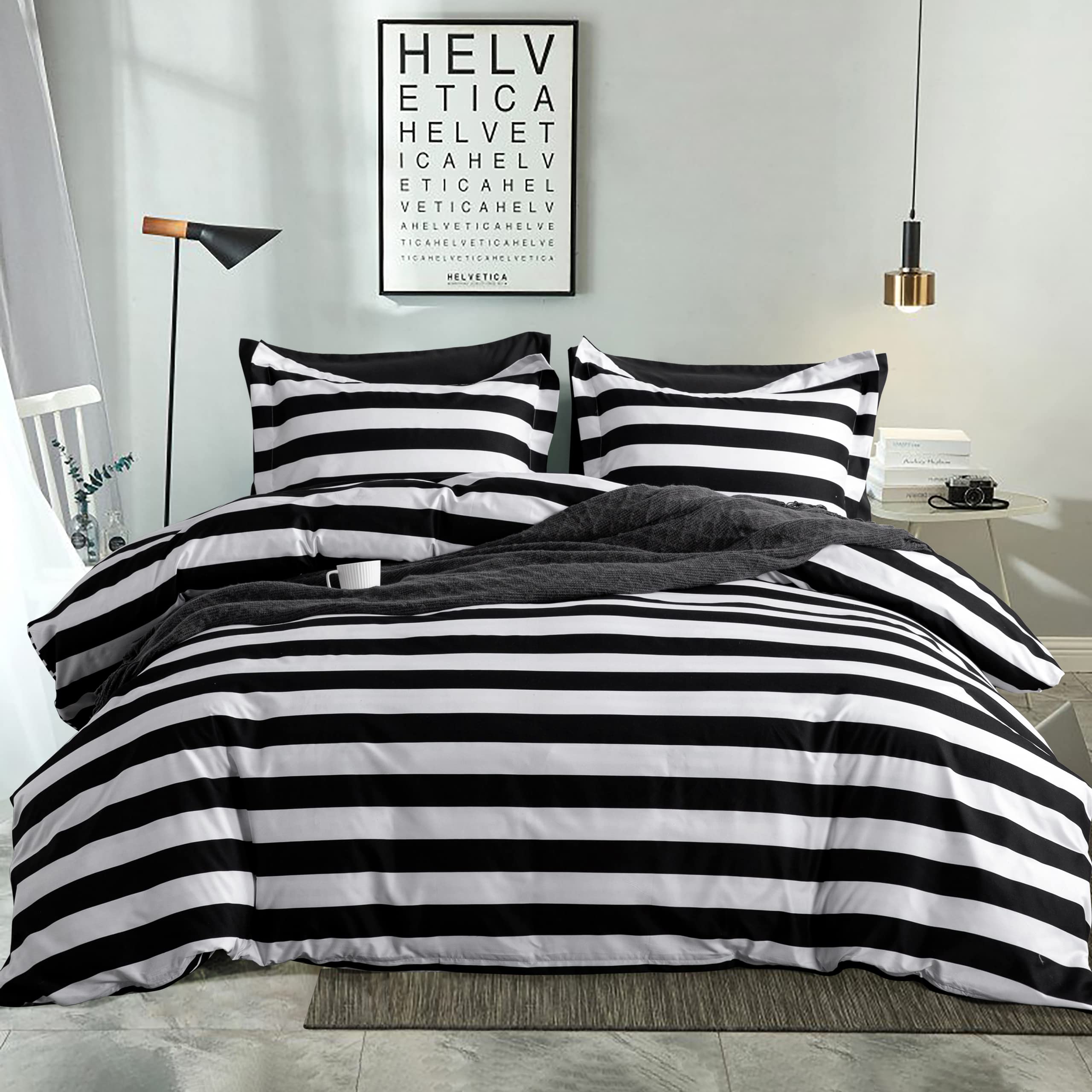 FLXXIE 3 Pieces Microfiber King Duvet Cover Set, Black and White Striped Printed Comforter Cover with Zipper Closure and Corner Ties, 1 Duvet Cover (104x90 Inches) and 2 Pillow Shams