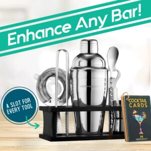 Mixology Bartender Kit - 8-Piece Silver Cocktail Shaker Set with Black Wood Stand, Recipe Cards, and Bar Accessories Ideas