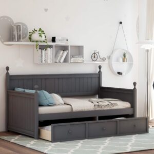 wood daybed with 3 drawers, solid wood daybed twin size bed frame for kids/adults, no box spring needed, gray