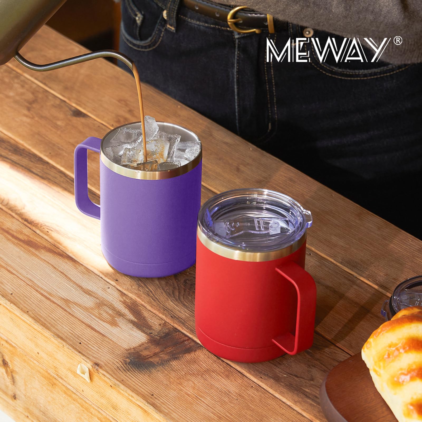 MEWAY 12oz Coffee Mug With Handle and Sliding Lid,Stainless Steel Travel Tumbler Cup with Handle,Double Wall Vacuum Insulated Camping Cup for Hot & Cold Drinks Tea (Purple,Set of 1)