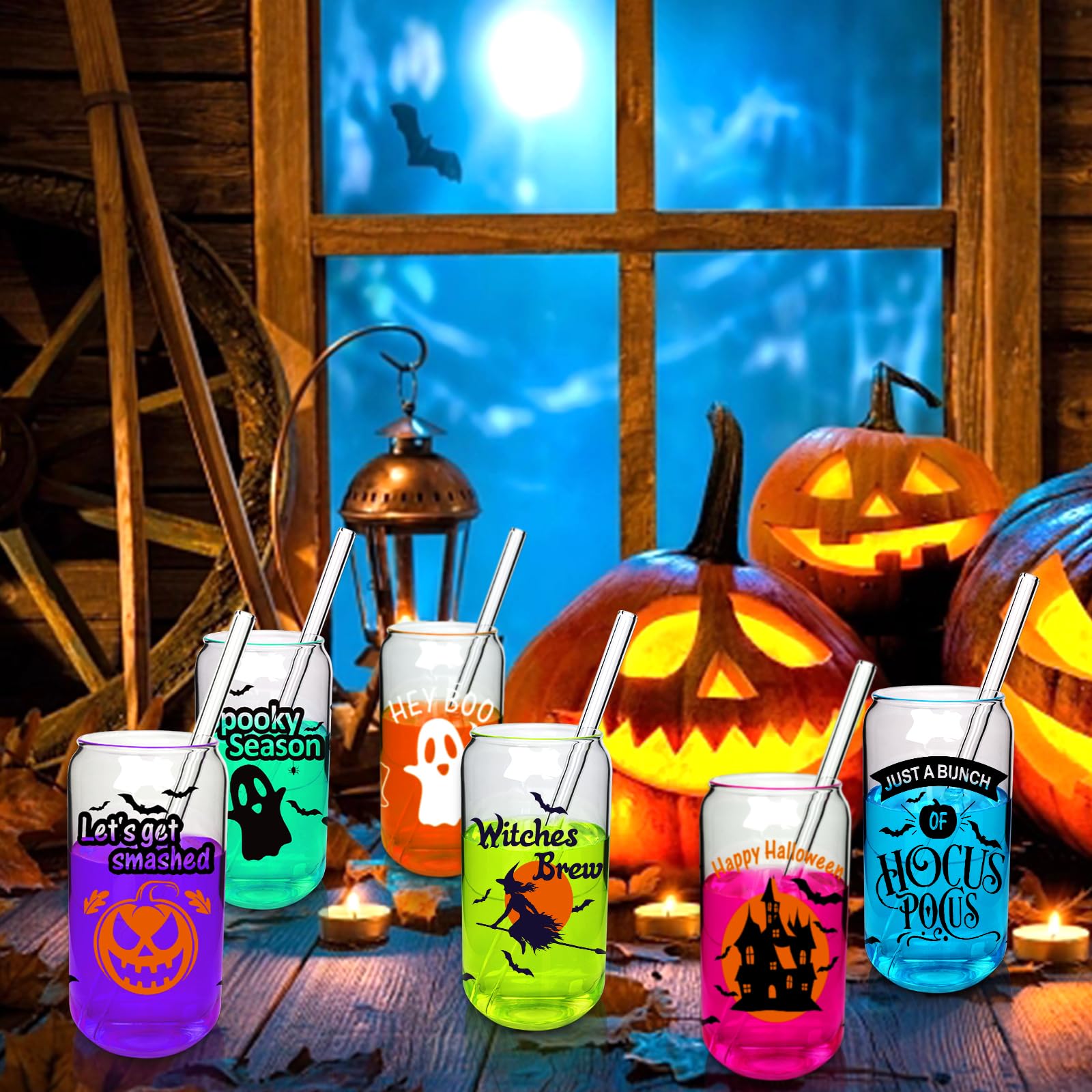 ANOITON Halloween Cups - Halloween Decorations Indoor Halloween Mug with Ghost Witch Decor Hocus Pocus Tumbler Halloween Party Supplies 18oz High Borosilicate Can Shaped Glass Cups Mug Tumbler