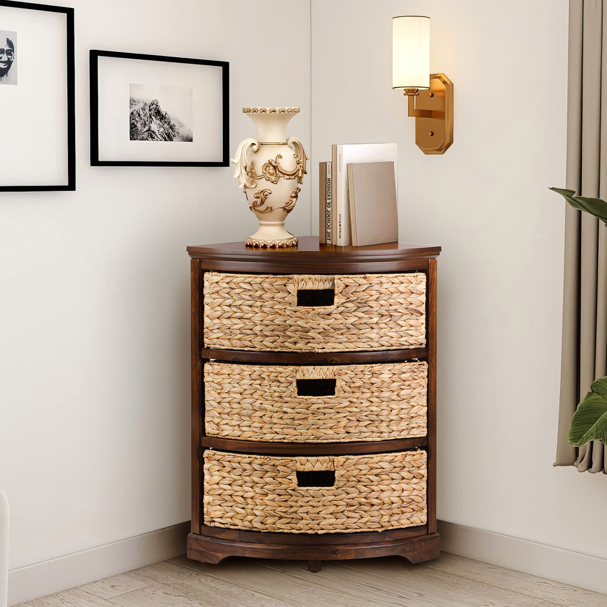 Hampton Meadows 3 Tier X-Side Corner Table Storage Cabinet with 3 Wicker Baskets, Walnut