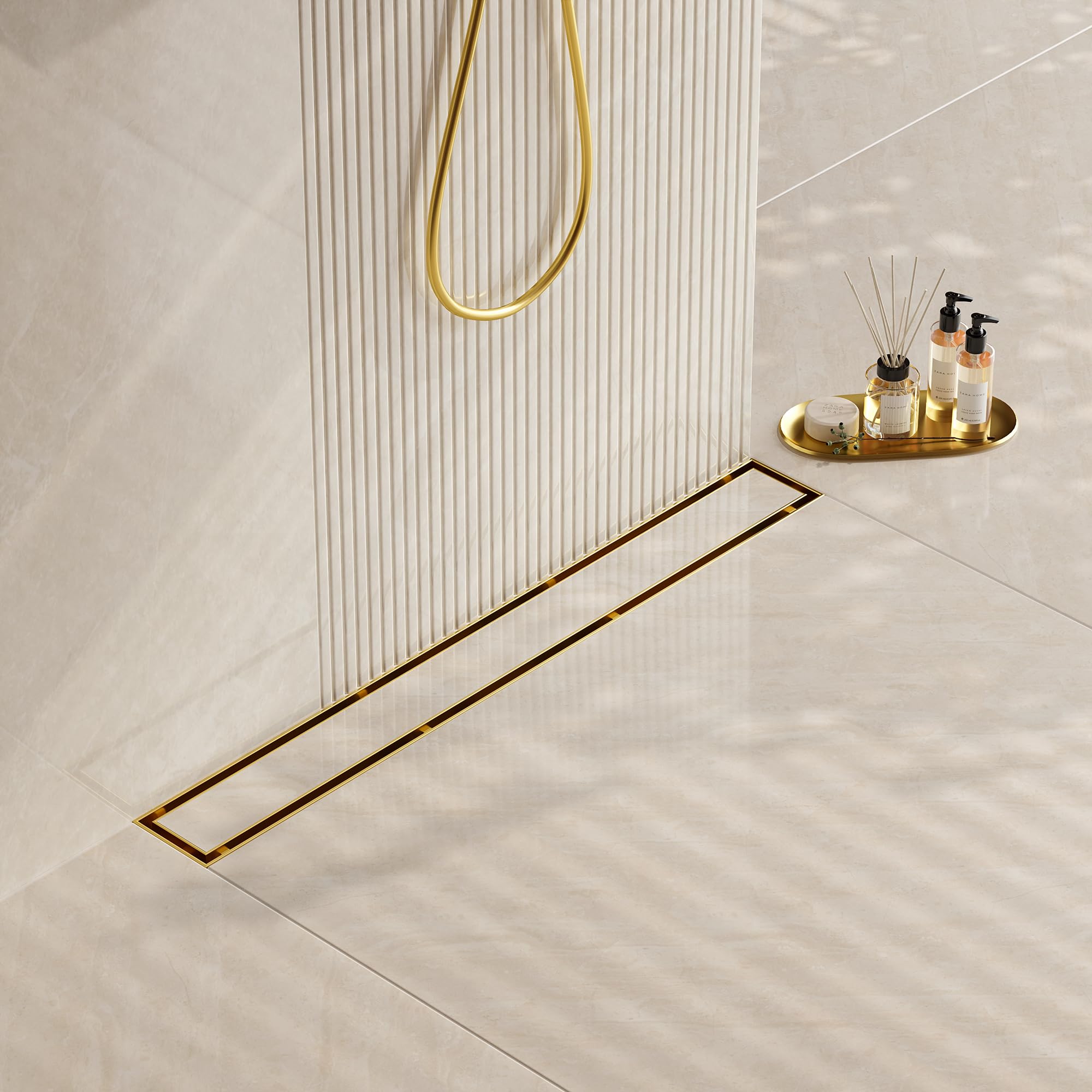 Neodrain 24-Inch Gold Linear Shower Drain, 2-in-1 Flat & Tile Insert Cover, Stainless Steel Linear Drain, Brushed Brass Rectangle Shower Floor Drain with Hair Strainer, Watermark&CUPC Certified