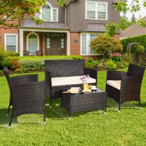 ARLIME 4-Piece Wicker Patio Furniture Set, Outdoor Rattan Sofa Couch Set, All Weather Rattan Sectional Sofa with Thick Seat Cushions & Glass Coffee Table, Patio Garden Lawn Conversation Set (Brown)