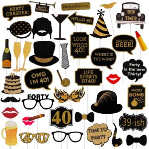 adult 40th birthday photo booth props(41pcs) for her him cheers to 40 years birthday party, gold and red decorations,40th happy birthday party supplies for men women