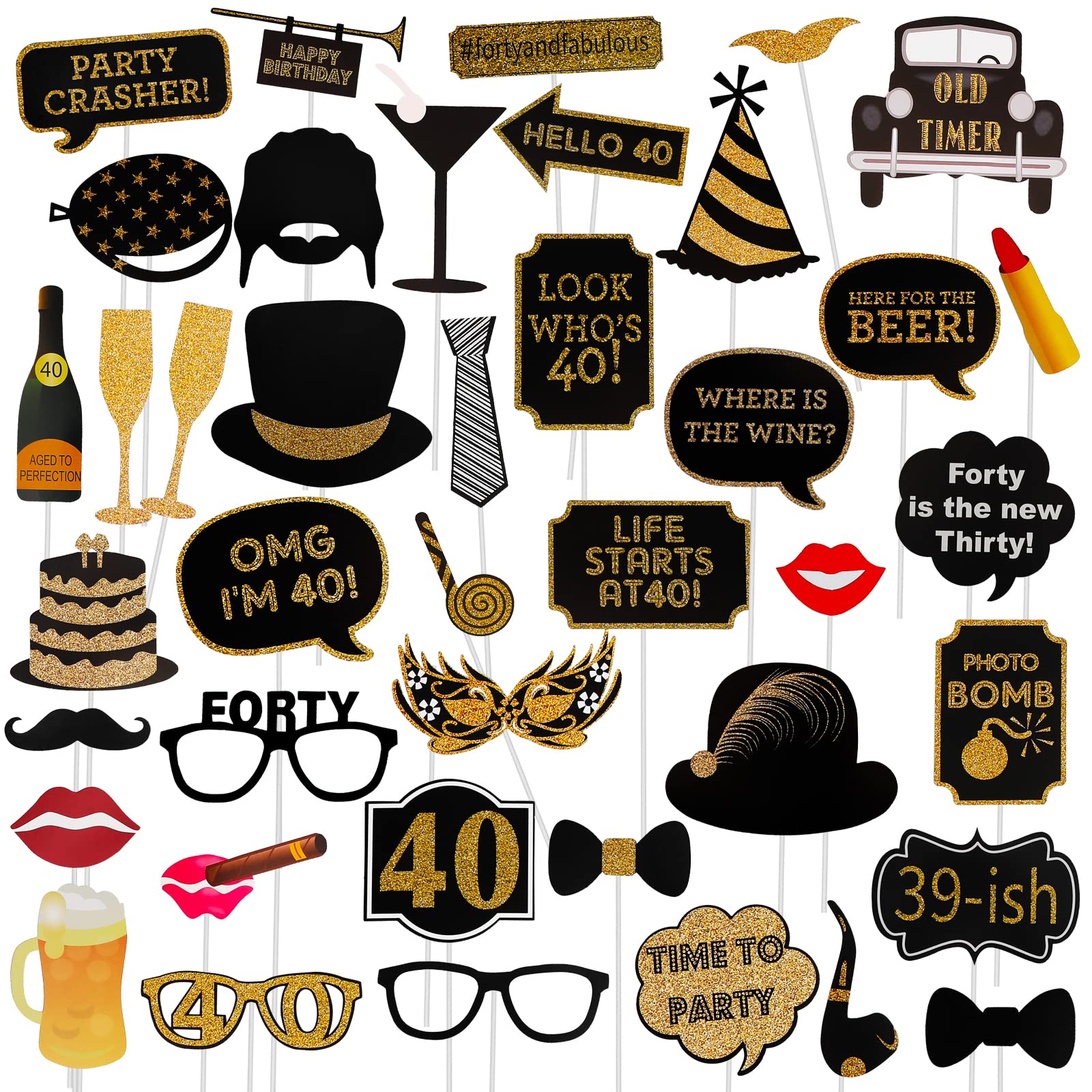 Adult 40th Birthday Photo Booth Props(41Pcs) for Her Him Cheers to 40 Years Birthday Party, Gold and Red Decorations,40th Happy Birthday Party Supplies for Men Women