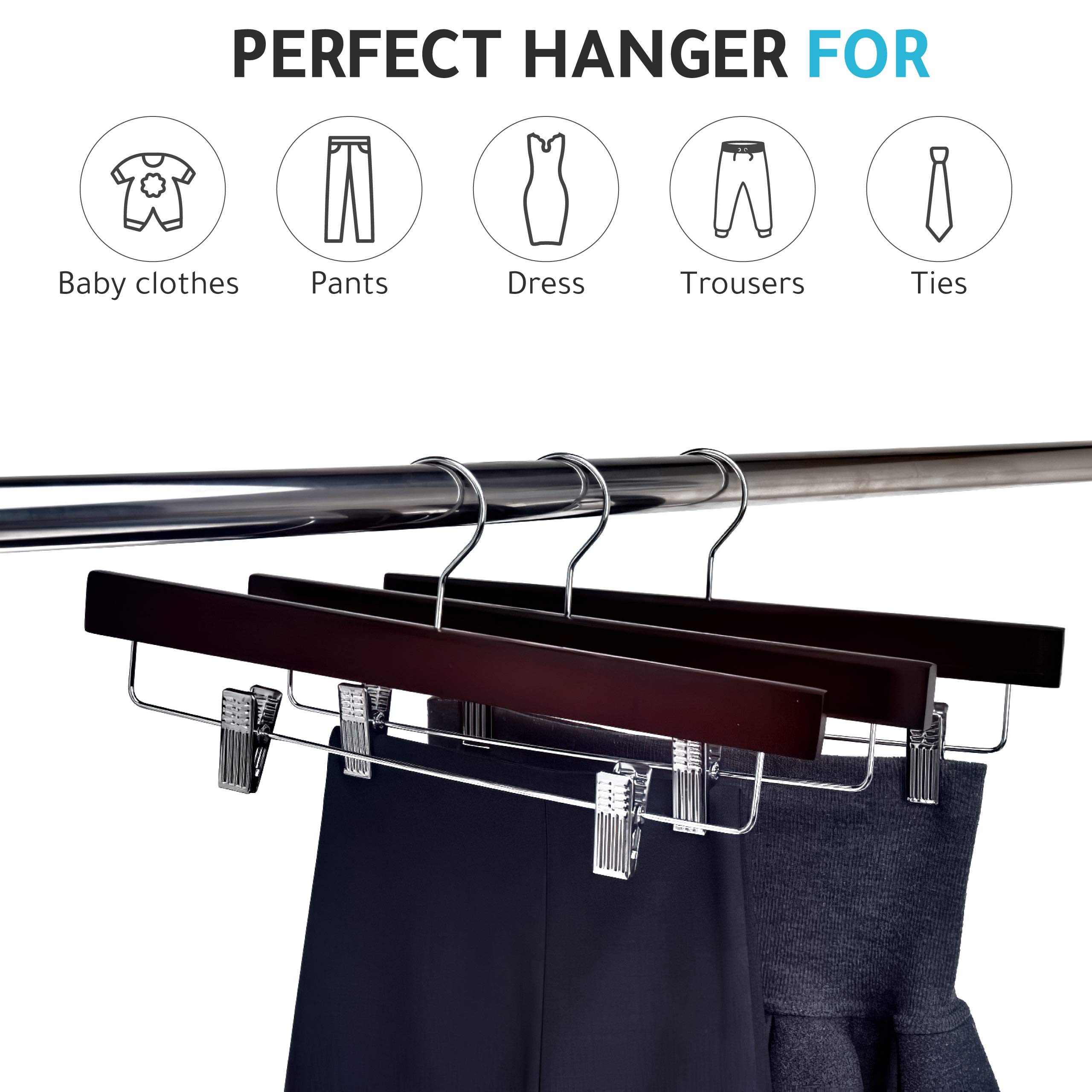 Quality Hangers Wooden Pants Hangers - 20-Pack Swivel Hook Cloth Hanger Set - Lotus Wood Skirt, Pant, Shorts and Slack Hangers with Adjustable Clip – Mahogany Clothing Hanger (Mahogany, 20)