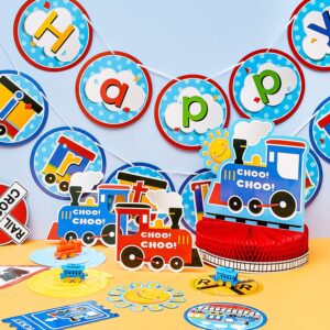 Train Birthday Themed Party Decorations Set, Happy Banner Train, Train Centerpiece, with 6 Pieces Train Hanging Swirl Decoration for Train Honeycomb Birthday Baby Shower Party Supplies